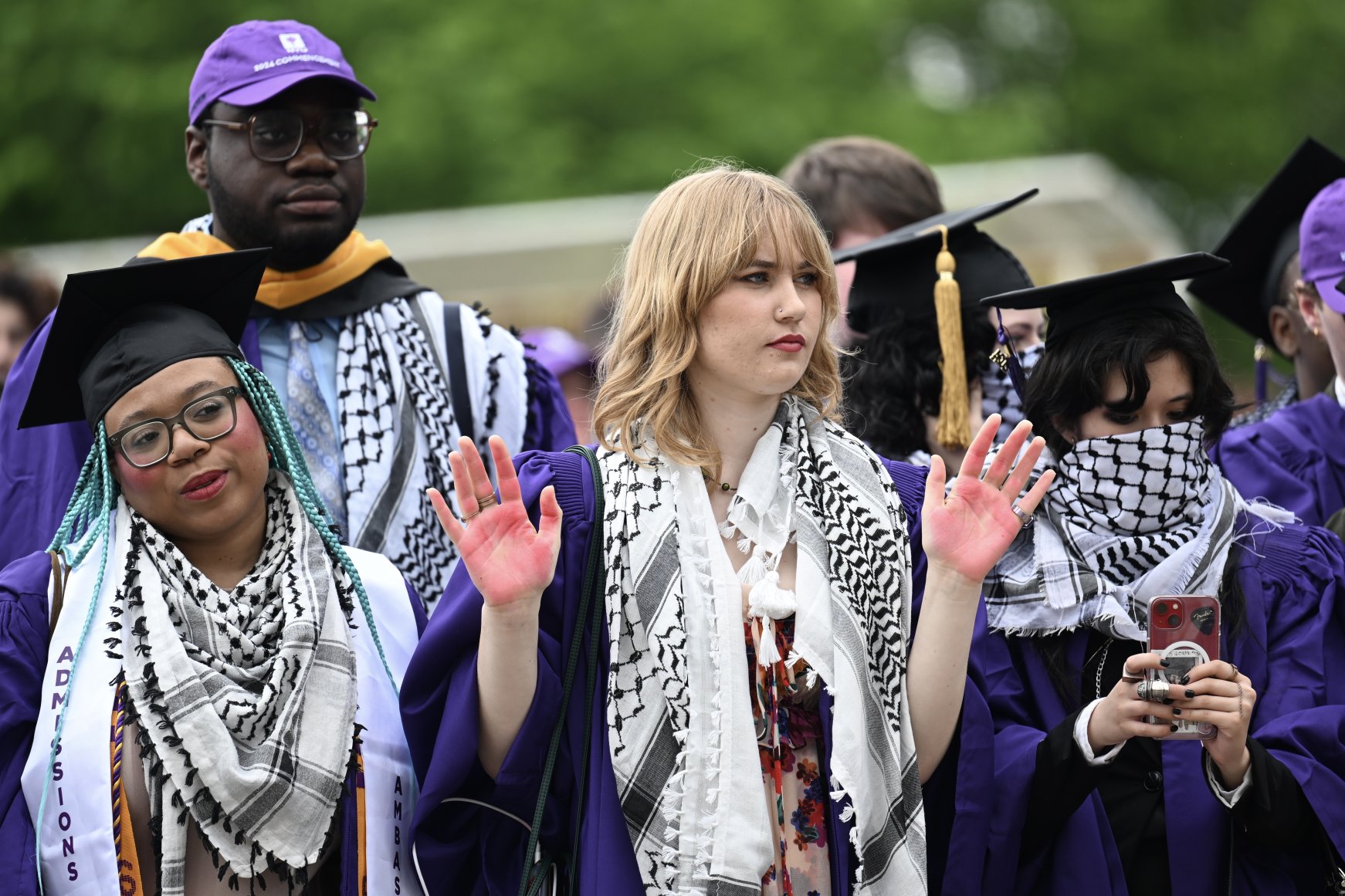 Support for Palestine with keffiyehs, flag scarves: NYU grads' protest ...